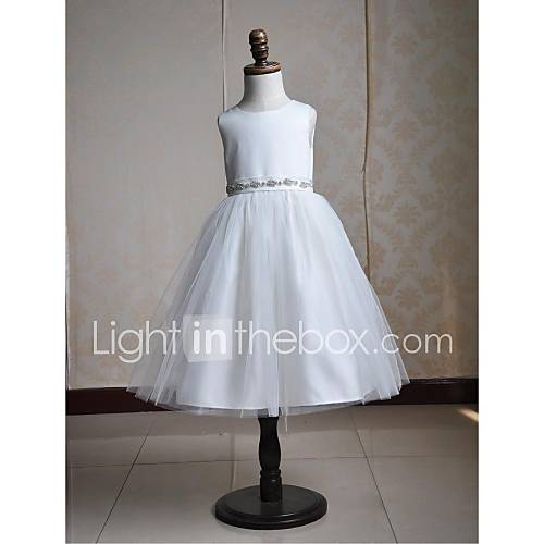 Ball Gown Tea Length Flower Girl Dress Satin Tulle Sleeveless Jewel