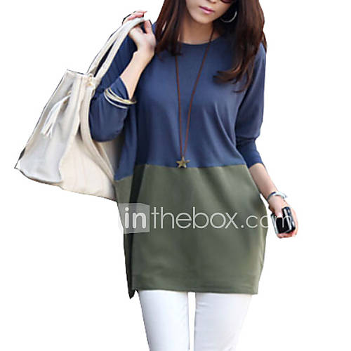 Womens Work Casual All Match Color Block Dress Round Collar Long